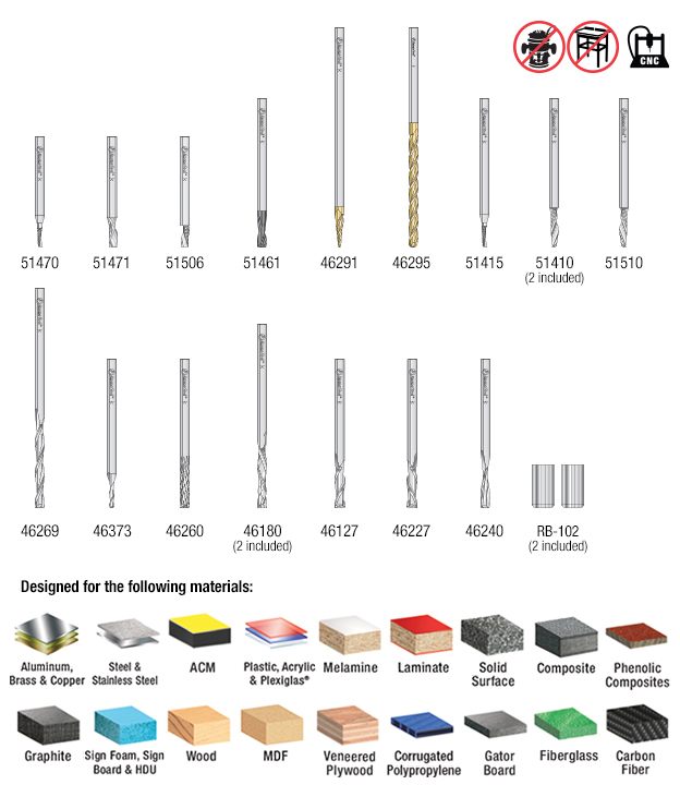 AMS-173 18-Pc Specialty Multi-Material CNC Router Bit Collection, 1/8 ...