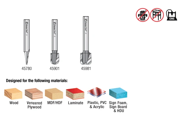 AMS-186 3-Pc Signmaking & Lettering CNC Router Bit Pack, 1/4 Inch Shank ...